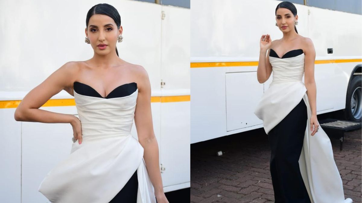 Nora Fatehi Makes Heads Turn In Black And White Floor-Sweeping Gown ...