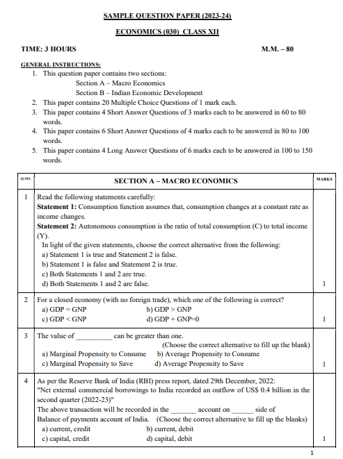CBSE Board Class 12 Economics Sample Paper 2024 And Marking Scheme ...
