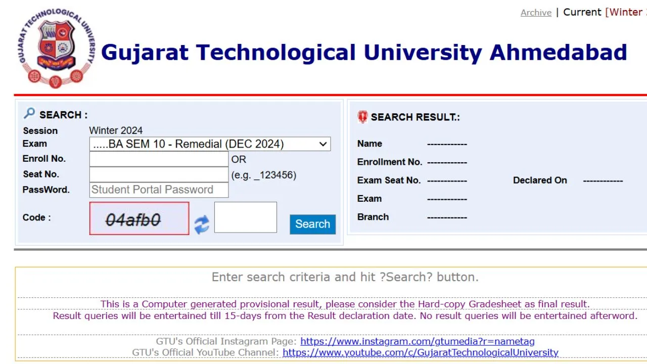 GTU Result 2025 Out: GTU December Winter Session UG, PG Marksheet ...