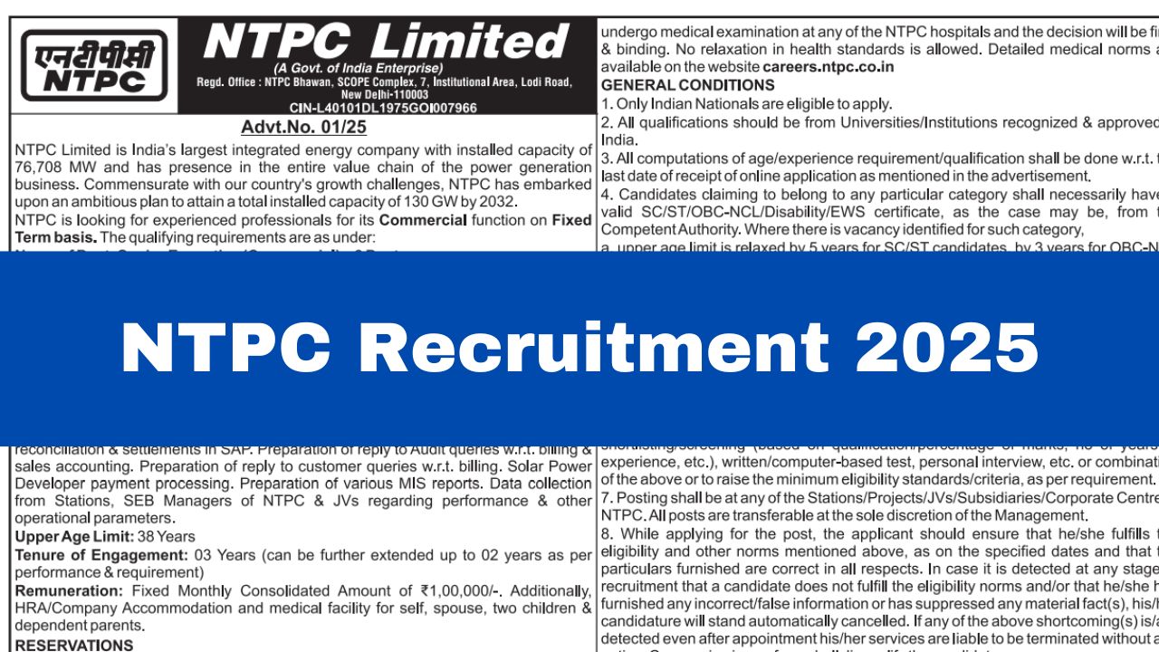 NTPC Recruitment 2025: Apply For Senior Executive Position With Rs 1 Lakh Monthly Salary