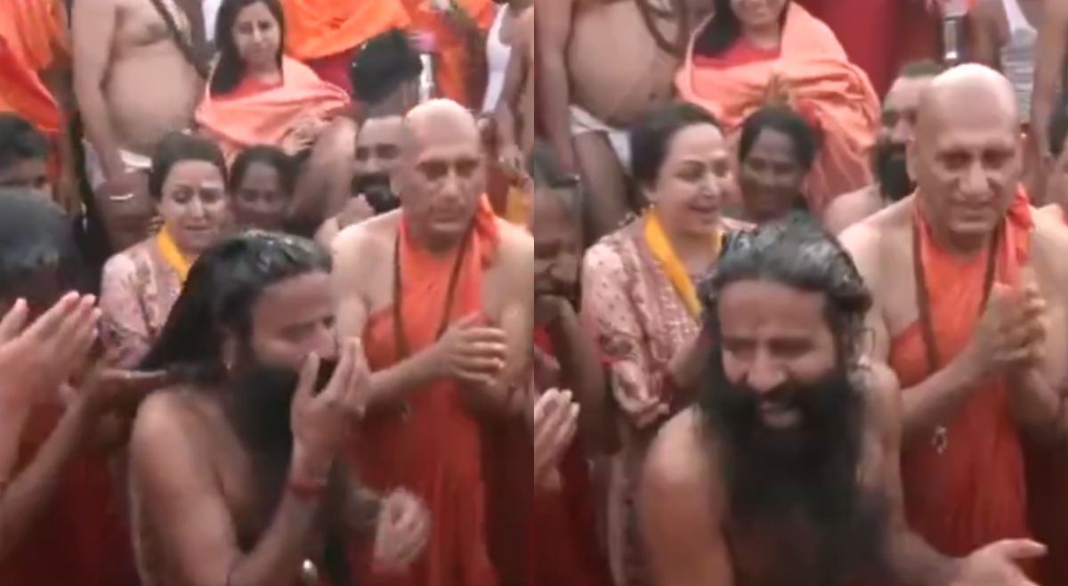 Hema Malini Jokingly Pats Baba Ramdev As His Hair Flip Smacks Man In ...