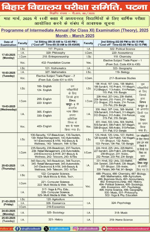Bihar Board Exam Date Sheet 2025 (Out): Check Released BSEB Class 9th,11th Time Table At ...