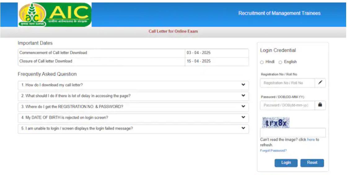 AIC MT Admit Card 2025 Released: Download Hall Ticket At aicofindia.com ...
