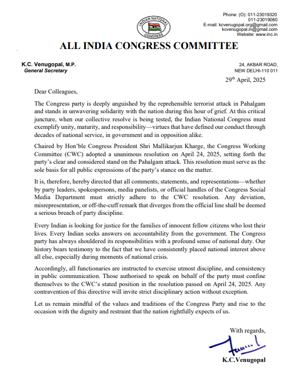 Congress Releases Guidelines After Recent Remarks On Pahalgam Attack ...