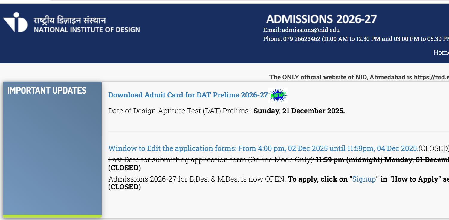 NID Admit Card 2026 OUT: National Institute of Design Releases DAT ...