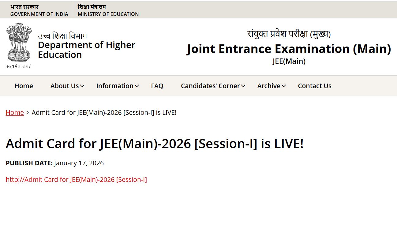 JEE Main 2026 Admit Card OUT: NTA Releases JEE Mains Session 1 Hall ...