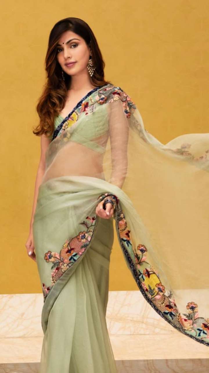 Rhea Chakraborty's 9 Trendy Saree Looks For BFF's Roka Ceremony